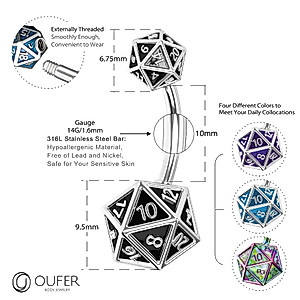 OUFER 14G Belly Rings, 20 Sided Dice Icosahedron 316L Stainless Belly Button Rings, DND Navel Piercing Jewelry, Curved Barbells