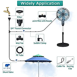 GOTGELIF Misters for Outside Patio, Misting Cooling System 50FT (15M) Misting Line 12 Brass Mist Nozzles with a Faucet Adapters(3/4") Outdoor Mister System Kit for Fan Greenhouse Garden Umbrellas