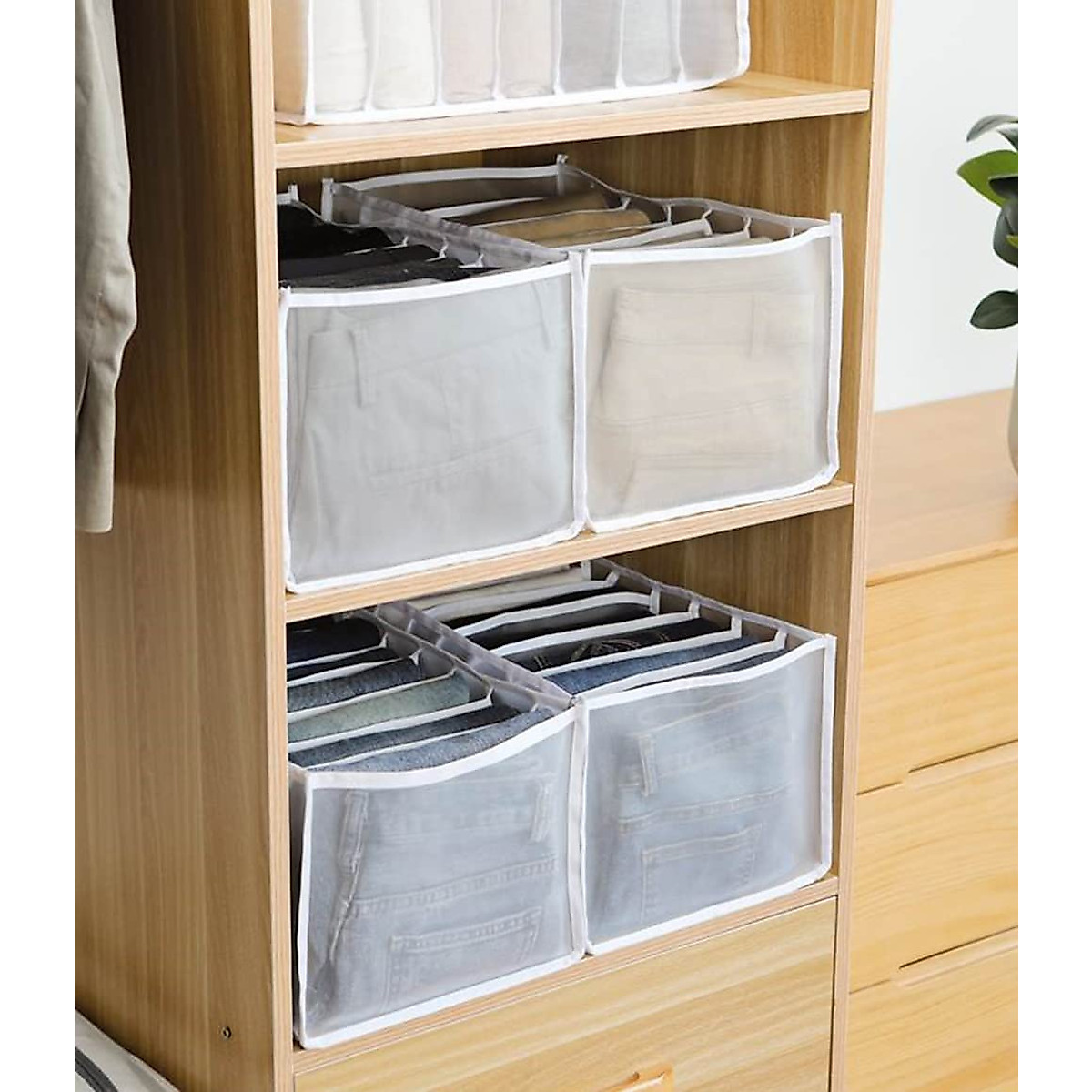 Wardrobe Clothes Organizer for Closet and Mesh Storage for Jeans Folded Clothes, Drawer Organizer Clothes (Jeans with 7 Grids Large White)