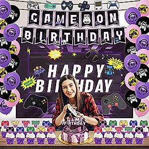 Video Game Birthday Party Decorations, Game On Birthday Party Supplies for Boys and Girls, Purple Gaming Themed Party Supplies, 52 Piece Gamer Birthday Decorations for Game Fans (Purple)