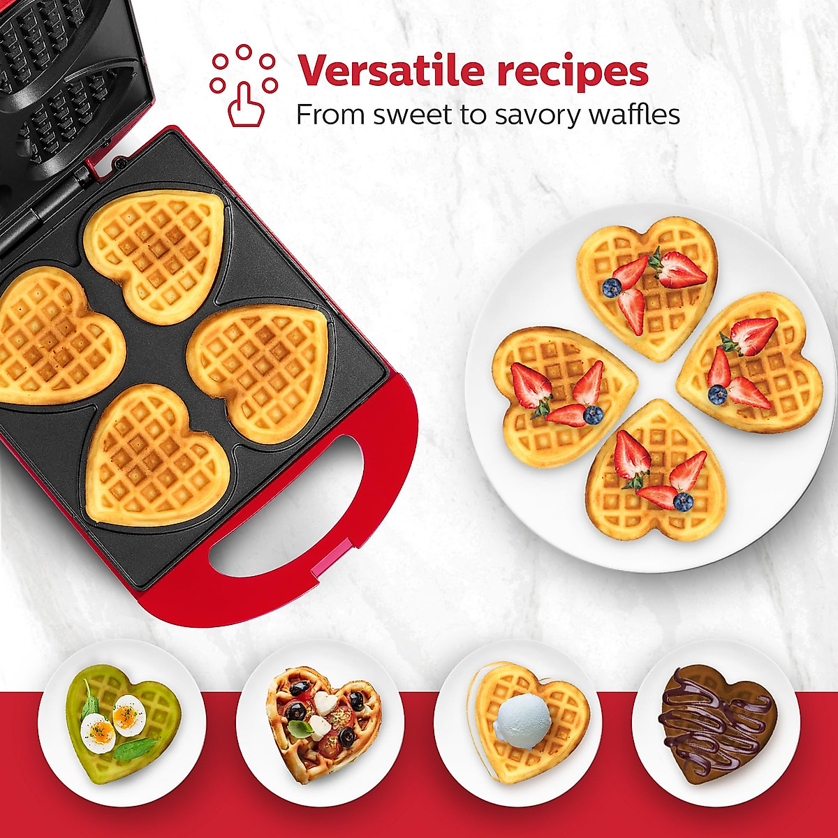 Holstein Housewares - Non-Stick Heart Waffle Maker, Red - Makes 4 Heart-Shaped Waffles in Minutes