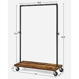 VASAGLE Clothes Rack, Heavy Duty Clothing Rack, Industrial Pipe Style Rolling Garment Rack with Shelf, for Bedroom, Laundry Room, Retail Store, Rustic Brown and Black UHSR65BX