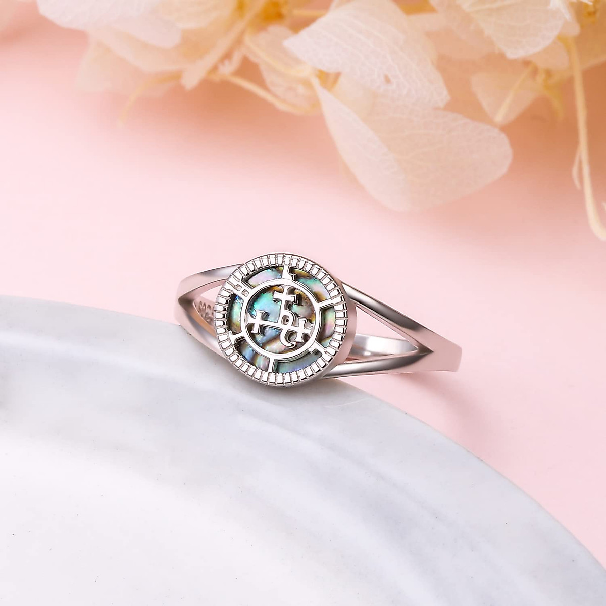 DAOCHONG Sigil of Lilith Abalone Shell Statement Ring S925 Sterling Silver Sigil of Lilith Statement Ring Gifts for Women Men Size 7