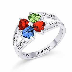 GLAMCARAT Personalized Sterling Silver Mothers Rings with 4 Birthstones Engraved Mom gift Anniversary Promise Rings fine jewelry for Women (sterling-silver)