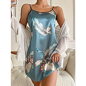 SOLY HUX Women's Floral Print Sleeveless Spaghetti Strap Slip Sleepwear Elegant Satin Cami Nightdress Baby Blue L