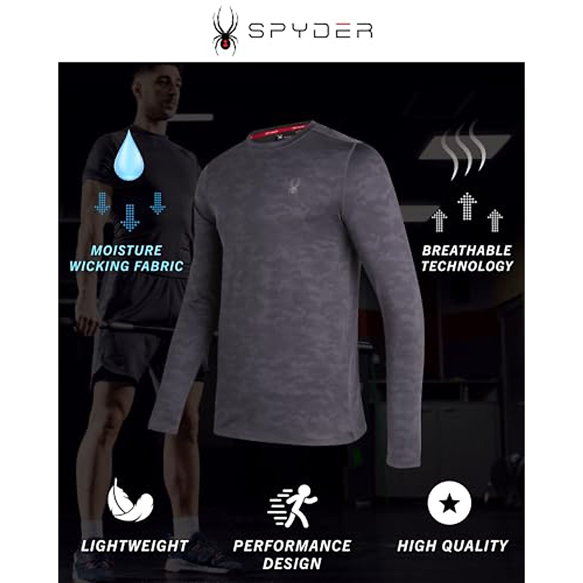 Spyder Men's Active Shirt - Camo Long Sleeve Performance Workout Training Shirt - Lightweight Workout Shirt for Men (S-XL), Size Large, Burnt Charcoal