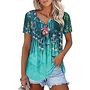 ONLYSHE Summer Floral Plus Size Shirts Blouse for Women Casual Tunic Tops Short Sleeve Ruffle TealWhite XL