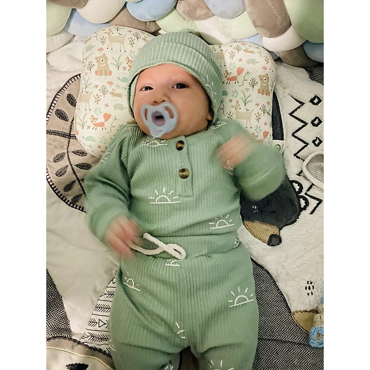 Infant Baby Boy Clothes Ribbed Knitted Sun Print Long Sleeve Romper Tops + Pants + Hat 3 Pcs Outfits (3-6 Months) Light Green