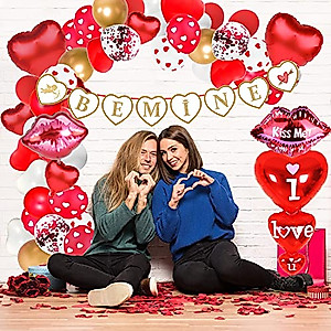 Valentines Day Balloon Arch Garland Kit, Red White Love Balloons Red Confetti Balloons Red Rose Petals Heart Garland I Love U Balloon Be Mine Banner for Valentine Day Engagement Wedding Decorations