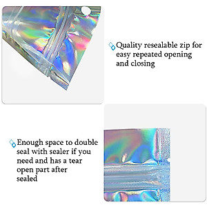 100pcs Resealable Holographic Mylar Bags 5.5x7.8 inch, Foil Zip Sample Pouch Gift Baggies For Packaging Candy Jewelry Lash Lip Gloss