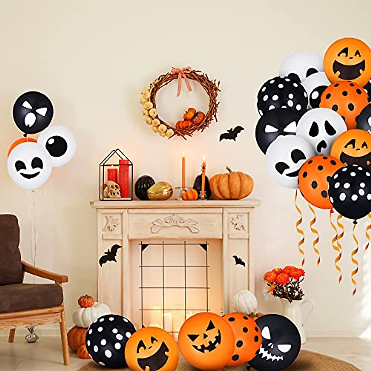 90 Pieces Halloween Balloons 12 Inches Halloween Pink Orange Black White Latex Balloons Skull, Bats, Boo Ghost Latex Balloons for Halloween Party Decoration Supplies (Classic Style)