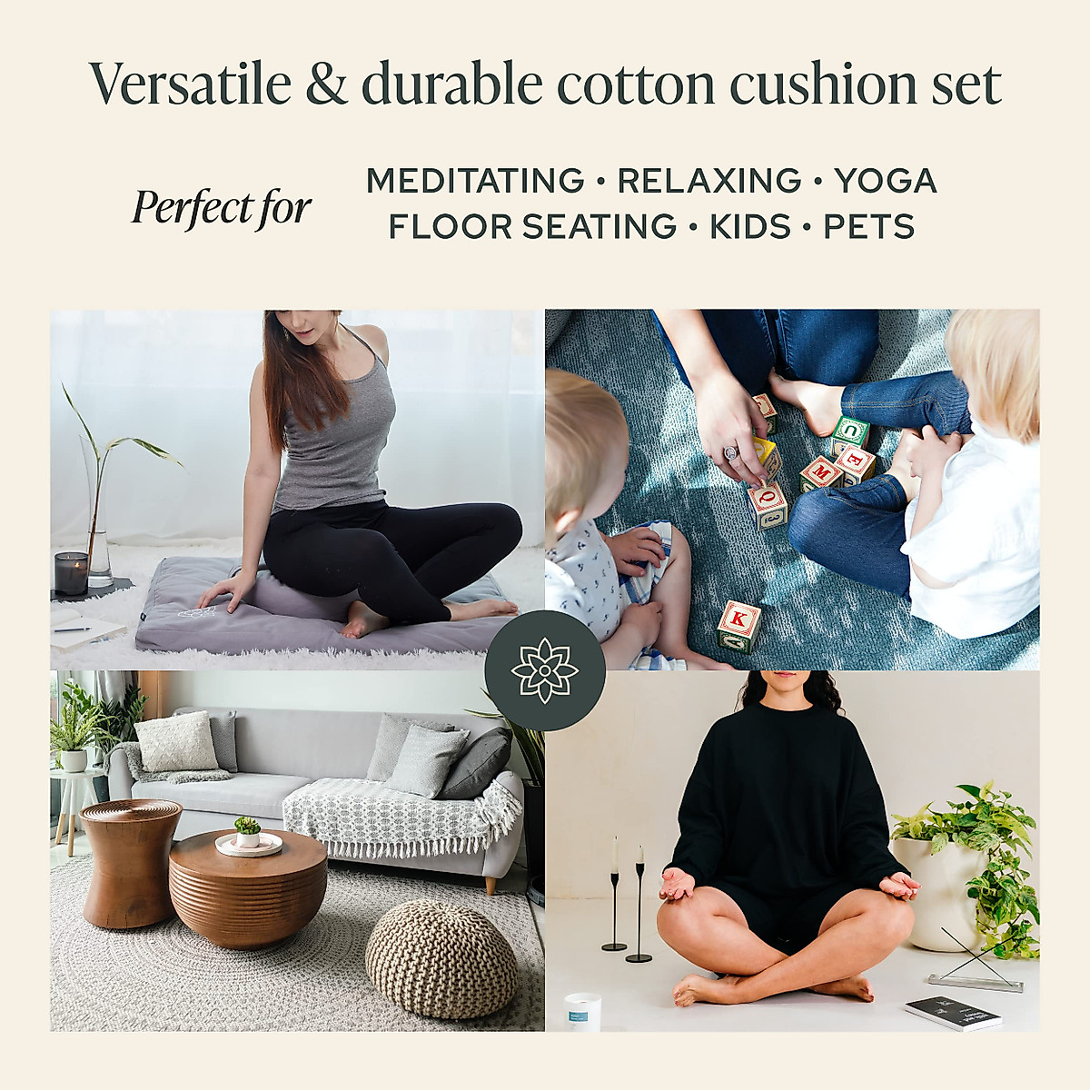 Mindful & Modern Meditation Cushion and Zabuton Meditation Mat Bundle - 100% Cotton Meditation Cushion Set for Yoga - Buckwheat Zafu Floor Pillow and Rectangular Mat - Slate Grey Color