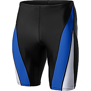 TSLA Men's Swim Jammers, Athletic Racing Swimming Shorts Trunks, UPF 50+ Sun Protection Endurance Triathlon Swimsuit, Splice Black & Blue & White, 40