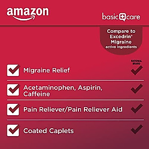 Amazon Basic Care Migraine Relief, Acetaminophen, Aspirin (NSAID) and Caffeine Tablets, Migraine Headache Relief, Pain Reliever/Pain Reliever Aid, 200 Count