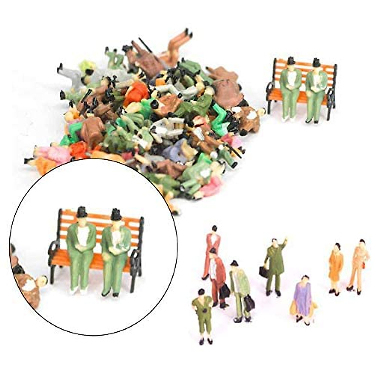 Hiawbon 50 Pcs People Figurines Set Tiny Sitting and Standing Delicate Hand Painted People Model Train Park Street People Figures for Miniature Scenes,1:87 Scale