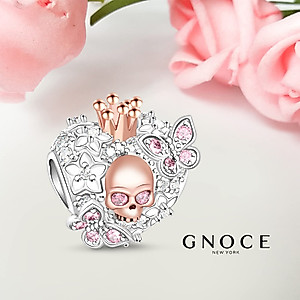 GNOCE Heart Skull Charm 925 Sterling Silver Rose Gold Plated Skull Queen & Butterfly Bead Charms Fits Bracelets Necklaces for Women