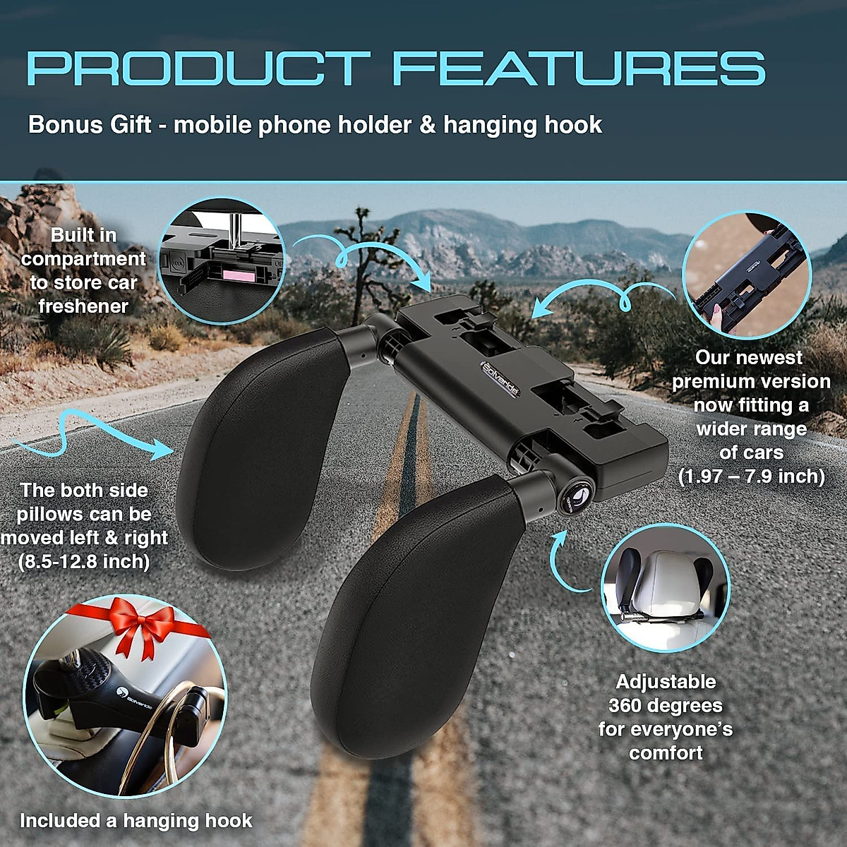 [2022] Car Seat Headrest Pillows for Sleeping and Resting Head Support & Neck Rest for Travel Kids & Adults Easy Installation 360° Adjustable Newest Combine Sturdy Version by Solveride