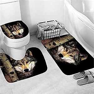 Wolf Shower Curtain 3D Printed, Animal 4Pcs Bathroom Decor Set, with Non-Slip Rug, Toilet Lid Cover and Bath Mat, Durable Waterproof Bath Curtain with 12 Hooks-72" X 78"