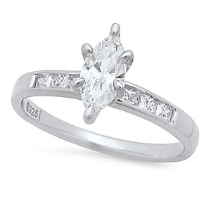 Marquise-Cut CZ Solitaire 2.9mm Sterling Silver Square CZ Engagement Ring, Sz. 7 Made in Italy + Bonus Cloth