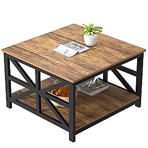 GreenForest Coffee Table with Storage, 27.6 inch Square Coffee Table, Seamless One-Piece Tabletop Design, Small Coffee Tables for Living Room, Farmhouse Sofa Table, Rustic Center Table, Walnut