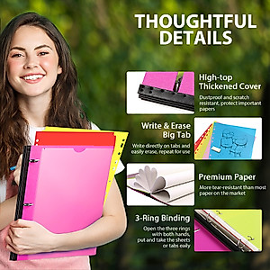 WOT I All-in-one Telescoping Binder Notebook, Refillable 3 Ring Binder with Customized Front Cover+Catalog Back Pocket+5 Subject Dividers+Movable Pocket Folder+60 Sheets Notepaper, Pink