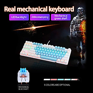 BLUEXIAO K100 Mechanical Gaming Keyboard, USB Wired Green Axis Ergonomic Mechanical Feeling Keyboard with Blue Switches for Desktop, Computer, PC (87 Keys,BlueWhite)