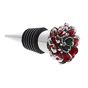 Holiday Wine Stopper Decorative with Colored Gem Flower Accessory Top - Red