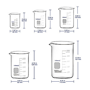 Labasics Glass Beaker Set, Borosilicate Glass Graduated Low Form Griffin Beakers in 5 Sizes, 50 ml/100 ml/250 ml/500 ml/1000 ml (1 L), Combo Pack