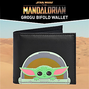 Concept One Star Wars Grogu Wallet, The Mandalorian Slim Bifold Wallet with Decorative Tin Case, Black and Green