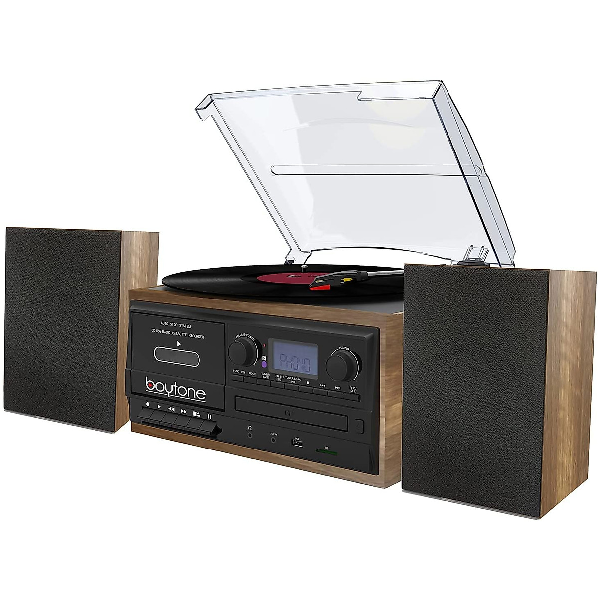 Boytone BT-58W Bluetooth Record Player Turntable with CD Player, Convert LP Vinyl, CD to MP3 Player, Cassette, AM/FM Radio, USB/SD Encoding, Remote Control, Audio Music Player Built in Amplifier