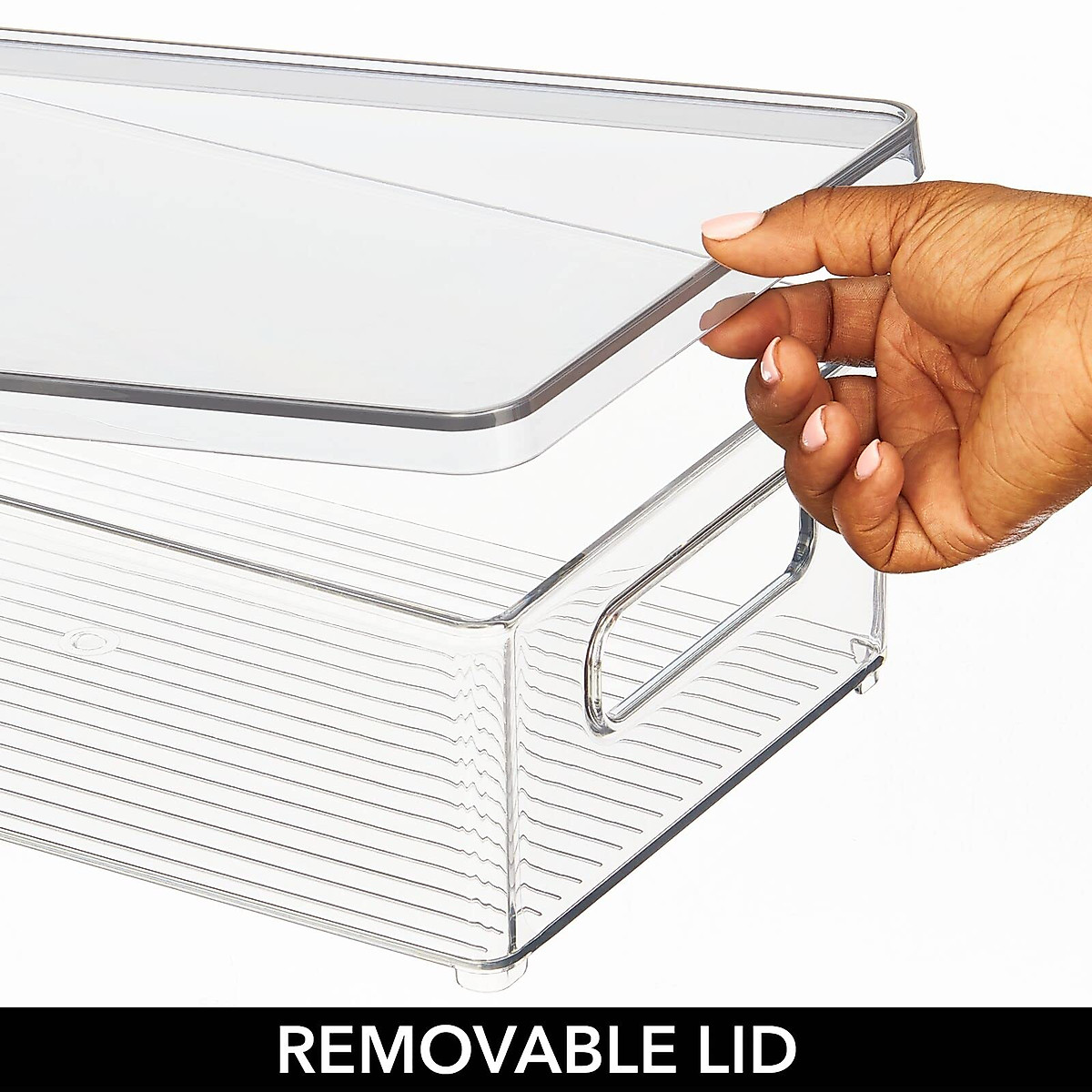 mDesign Plastic Stackable Kitchen Cabinet Storage Bin Box with Handles/Lid - Fridge, Cupboard, Countertop Food Storage for Snacks Stacking Organization, Ligne Collection, 8 Pack, Clear