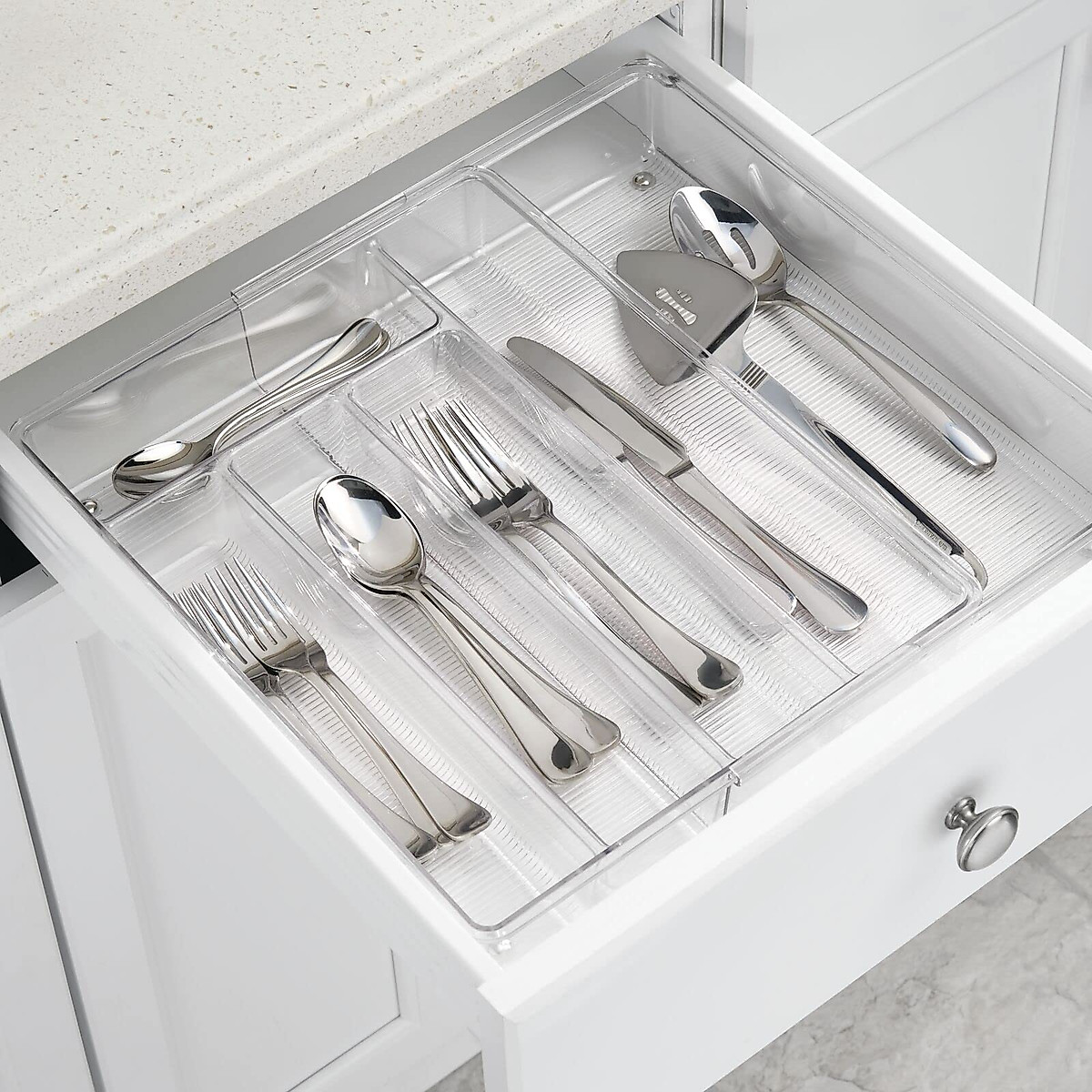 mDesign Adjustable, Expandable Plastic Kitchen Cabinet Drawer Storage Organizer Tray - for Storing Organizing Cutlery, Spoons, Cooking Utensils, Gadgets - 2 Pack - Clear