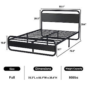 HOMBCK Full Size Bed Frame with Headboard, Metal Bed Frame Full with LED Lights, Heavy Duty Metal Slats, No Box Spring Needed, Noise Free, Easy Assembly, Black