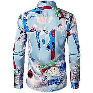 ZEROYAA Men's Hipster Splash Printed Slim Fit Long Sleeve Button Up Satin Dress Shirts for Party Prom ZLCL36-101-Blue X-Large