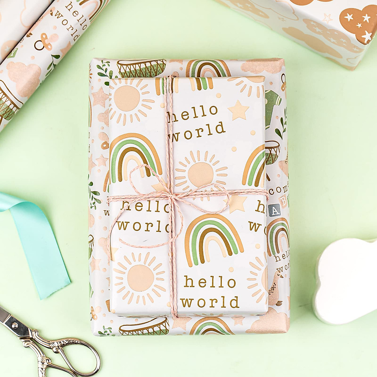 LeZakaa Baby Shower Wrapping Paper Roll - Mini Roll - Baby Suit/Rainbow, Sun/Cloud for Baby Boy, Girl - 17 x 120 inches - 3 Rolls (42.5 sq.ft.ttl.)