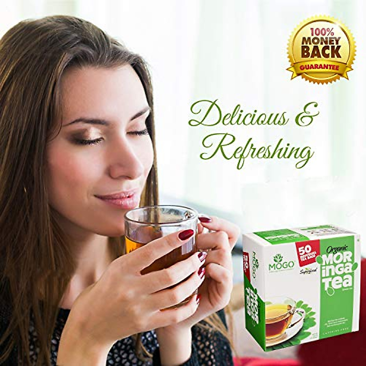 MOGO Organic Moringa Tea Bags - 50 Count,100% Pure,Caffeine Free,Rich Aroma and Taste, Premium Grade Moringa Tea Leaves, Antioxidants Rich Herbal Tea(Packaging Vary)