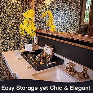 COZY GATHERINGS Leather Decorative Tray Glossy Black Crocodile Alligator with Shiny Metal Handles Storage Serving Trays for Coffee Table, Dinning, Kitchen, Ottoman, Living Room & Modern Home Décor