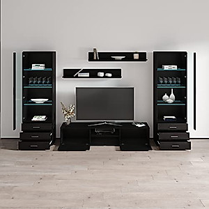 MEBLE FURNITURE & RUGS SOHO 4 Modern Wall Unit with 16 Colors LED Lights (Black)