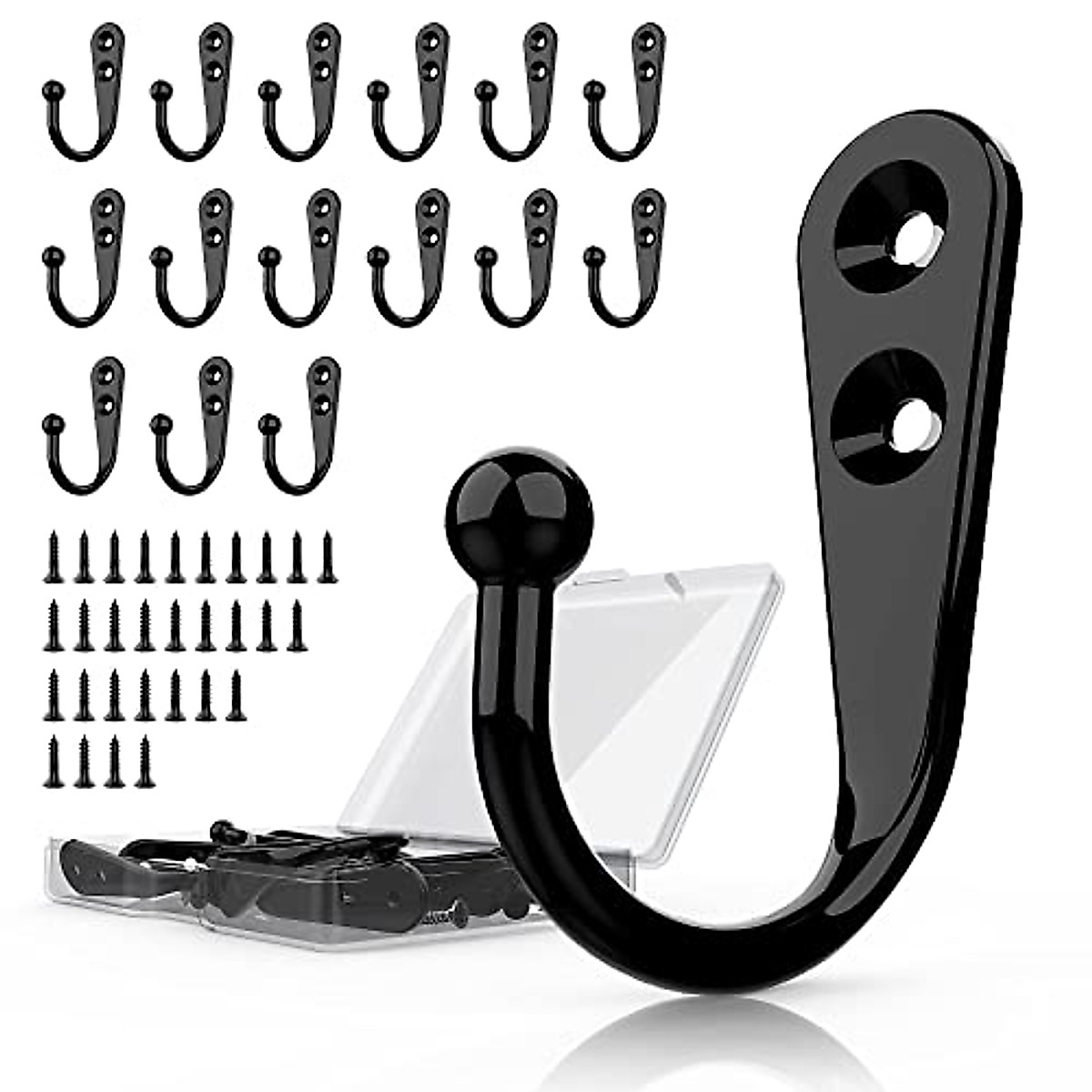 PRIGVOT 15 Pcs Black Wall Mounted Coat Hooks, Hanger Hook with 50 Pieces Screws for Towel, Key, Robe, Scarf, Bag, Cap, Coffee Cup, Mugs