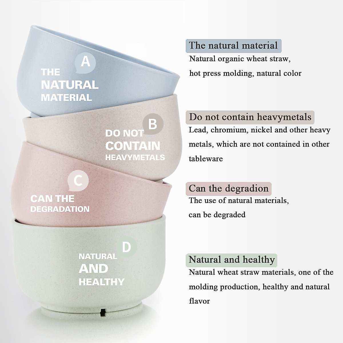 UPSTYLE Healthy Wheat Straw Plastic Noodle Soup Bowl Rice Fruit Bowl for Children Support Microwave (4 pack, size 4.5 inch)