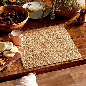 Jute Placemat,Placemat,Braided Placemats,Round Placemats Set of 4,100% Jute Braided Placemats Set of 4 Reversible (Natural 13x13 Square) Farmhouse Vintage Jute Placemats for Dining Table