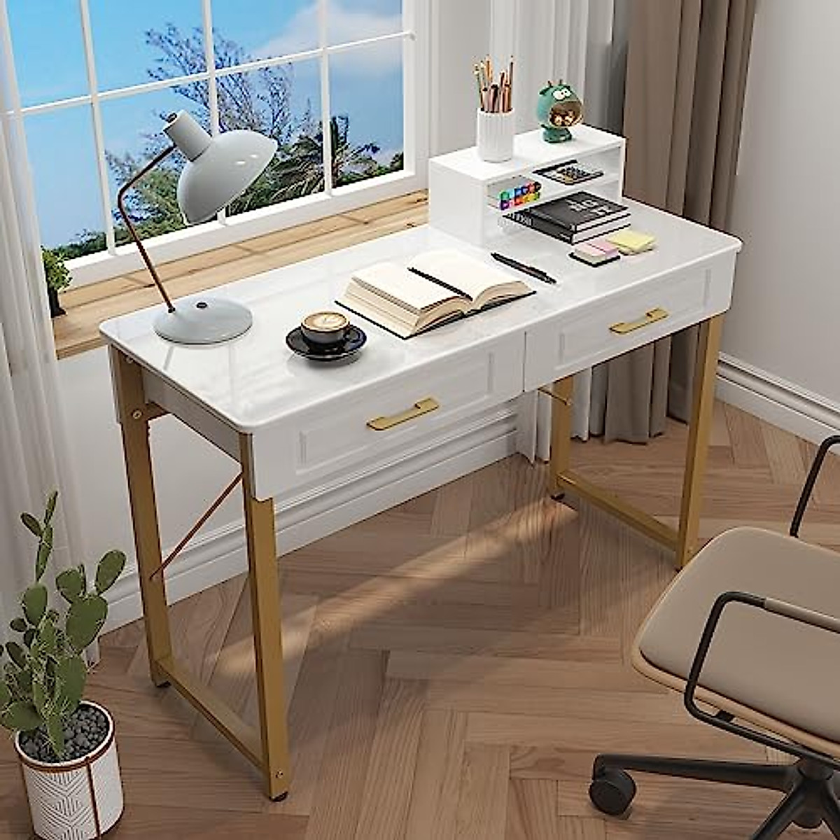 WESTREE Modern Makeup Vanity Desk with Glossy Desktop,Bedroom Home Office Writing Desk with Drawers, Storage Shelf, Gold Metal Frame for Dressing Table Without Mirror