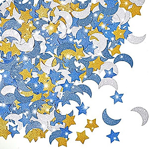 400 Pieces Glitter Star and Moon Paper Confetti Double Side Table Paper Confetti Sequin for Wedding Birthday Baby Shower Moon and Star Party Ramadan Mubarak Decor (Dark Blue, Light Blue, Gold, Silver)