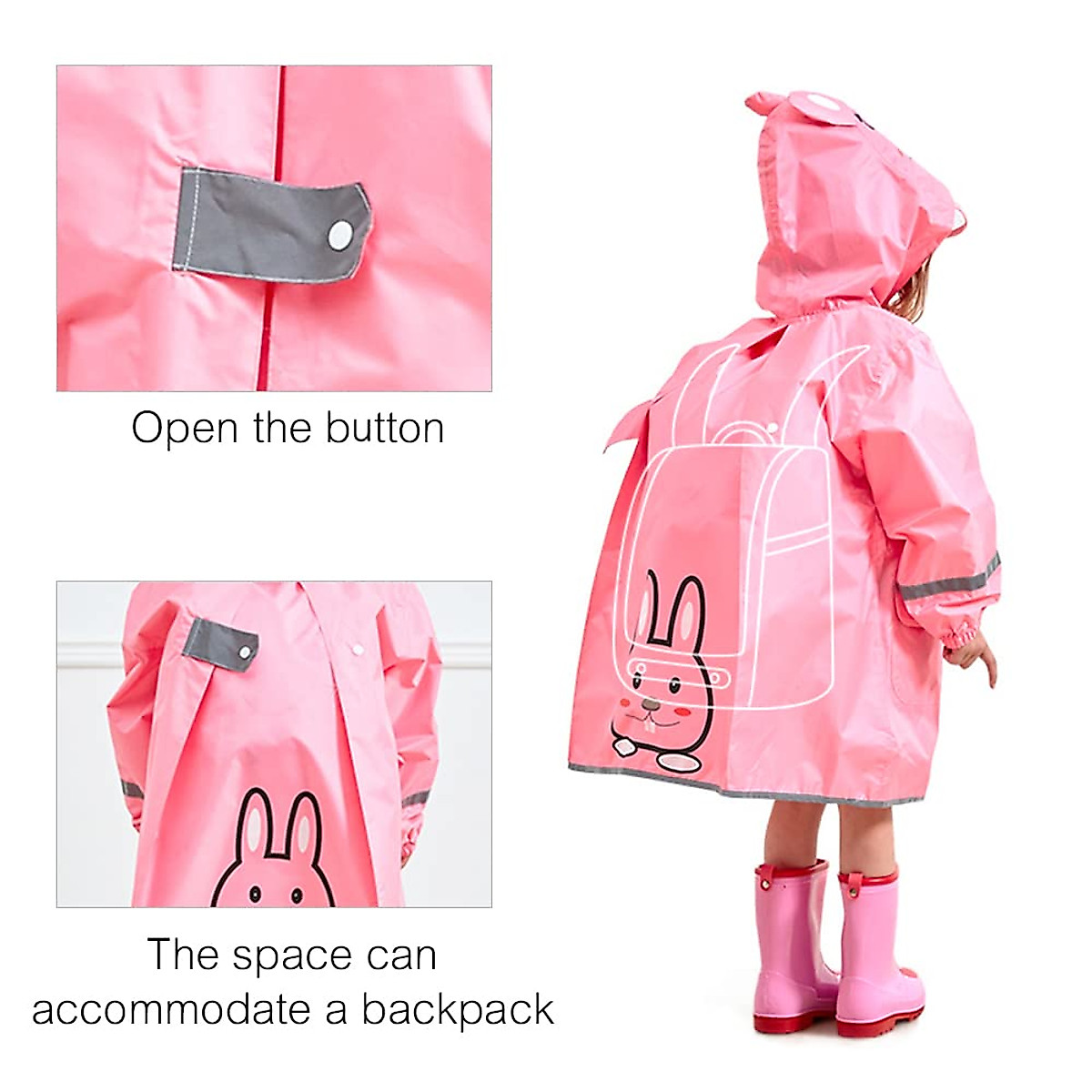 SSAWcasa Kids Rain Wear,3D Cartoon Children Toddler Raincoat Jacket Poncho for Boy Girl (M, Pink)
