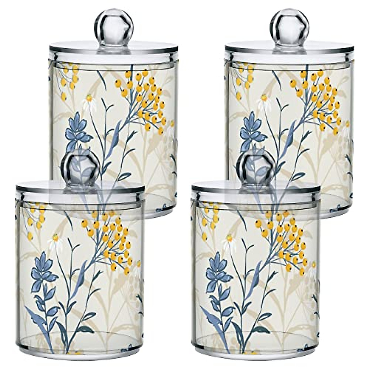 WELLDAY Apothecary Jars Bathroom Storage Organizer with Lid - 14 oz Qtip Holder Storage Canister, Beige Yellow Flowers Clear Plastic Jar for Cotton Swab, Cotton Ball, Floss Picks, Makeup Sponges,Hair