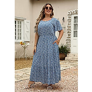 Nemidor Womens Plus Size Boho Ditsy Floral Print Casual Layered Flared Maxi Dress with Pocket NEM304(22,Blue White)