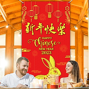 Chinese New Year Door Cover Happy 2023 Rabbit New Year Photography Backdrop Spring Festival Door Hanging Covers Outdoor Sign for Home Wall Indoor Outdoor Party Holiday New Year Eve