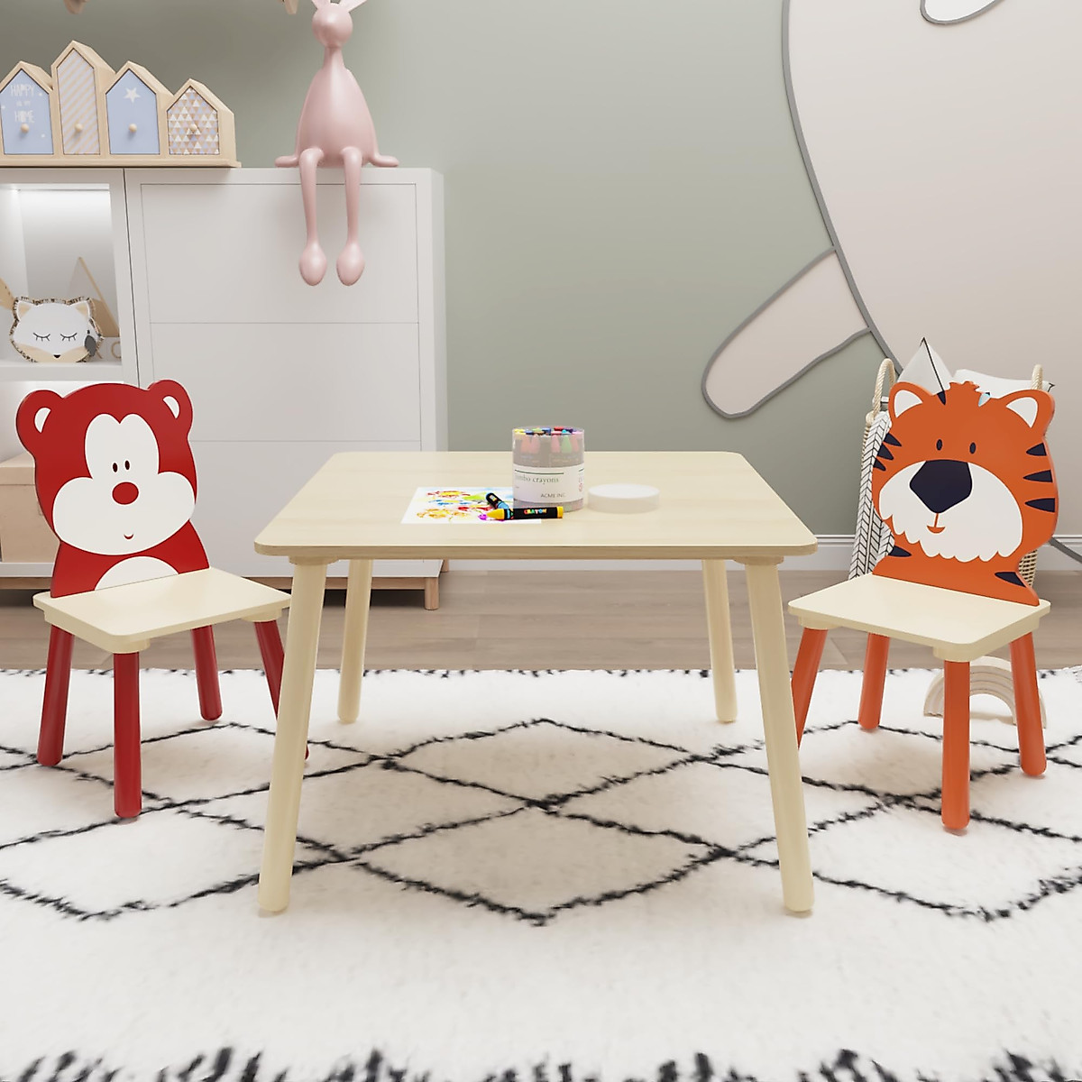 BAOMKONG Kids Table and Chairs, Childrens Table and Chair Set of 3 Piece, Wooden Cartoon Animals Design, Ideal for Arts & Crafts, Gift for Ages 2+, Bear & Tiger