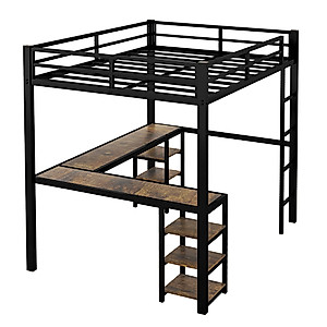Bellemave Full Size Loft Bed with L Shaped Desk,Metal Frame Loft Bed Full with Storage Shelves,Heavy Duty Metal Loft Bed for Kids,Teens, Noise Free,Black
