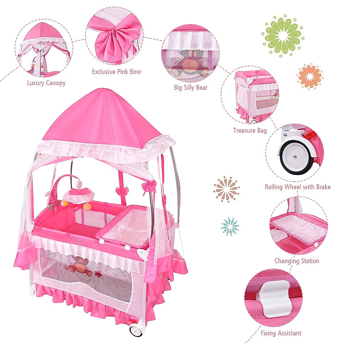 INFANS 4 in 1 Pack and Play, Portable Nursery Center Playard with Bassinet, Adjustable Canopy, Mattress, Diaper Changer, Carry Bag, Whirling Toys Music Box for Baby Boy Girl (Pink)